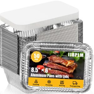 ijrplm 50 pack foil pans with lids,2.25 lb aluminum pans with lids,foil food containers,disposable takeout pans for catering baking takeout-50 pans and 50 cardboard covers(8.5"×6")