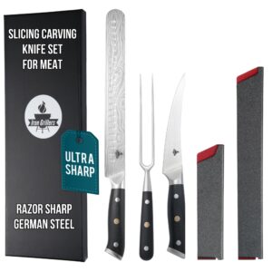 slicing carving knife set for bbq - 12" brisket knife + 6" boning knife + 6" carving fork & 2 sheath covers for meat cutting - grilling gifts for men - razor sharp german steel & professional grade