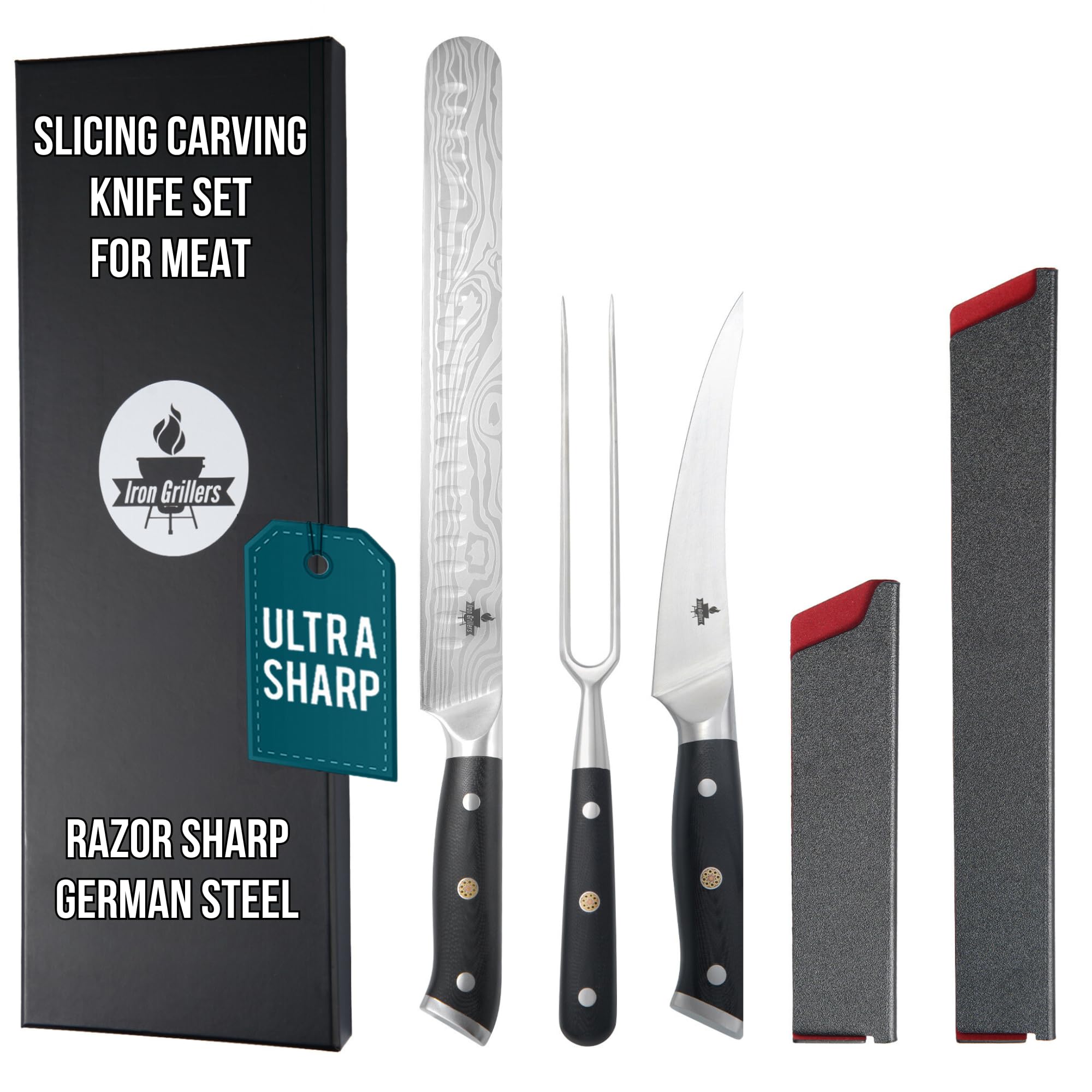 Slicing Carving Knife Set for BBQ - 12" Brisket Knife + 6" Boning Knife + 6" Carving Fork & 2 Sheath Covers for Meat Cutting - Grilling Gifts for Men - Razor Sharp German Steel & Professional Grade