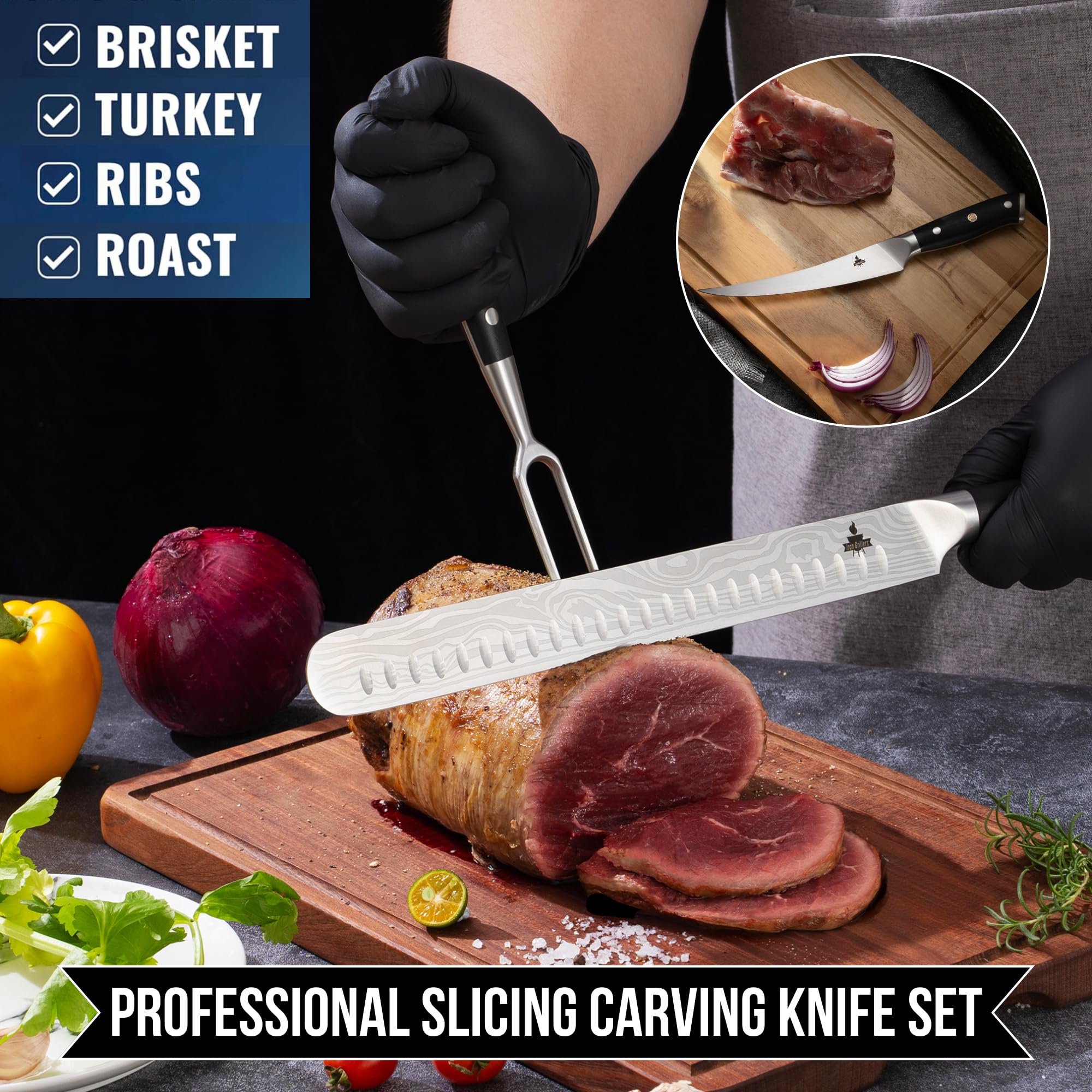 Slicing Carving Knife Set for BBQ - 12" Brisket Knife + 6" Boning Knife + 6" Carving Fork & 2 Sheath Covers for Meat Cutting - Grilling Gifts for Men - Razor Sharp German Steel & Professional Grade