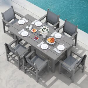 serwall 7 piece outdoor dining table sets for 6 with 1 umbrella hole cut-out rectangular table and 6 textilene chairs, hdpe dining table sets for garden, backyard, poolside, gray