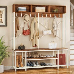 yitahome entryway bench with coat rack, 5-in-1 hall tree with shoes storage, industrial freestanding coat rack shoe bench with storage shelves, 10 hooks for hallway, bedroom, walnut/white