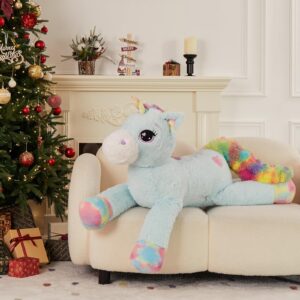 tezituor 43" big unicorn stuffed animal, cute plush toy gift for 3-8 years old girls, large soft stuffed unicorn pillow, gift for christmas birthday valentine's day (blue)