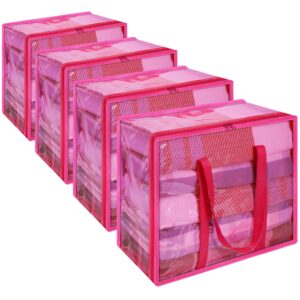 vieshful 4 pack clear clothes storage bag, 40l zippered closet organizer, plastic storage containers moving bags for comforter, blanket, bedding, duvet, toys, pink