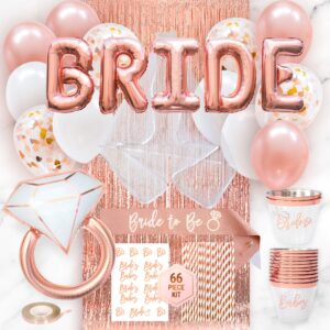 66 piece rose gold mega bachelorette party decorations kit, fun bridal shower decorations pack, bride to be sash, rose gold cups, veil, bride & ring balloons, premium bridal decorations for shower