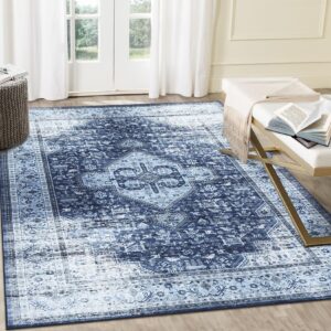 haperlare washable rug 8x10 ultra-thin area rug vintage rug with non slip backing stain resistant rugs for living room bedroom low pile distressed rug, navy