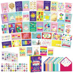 decorably 50 pack foiled & glittery assorted birthday cards with envelopes & stickers - 50 unique designs bulk birthday cards bulk with message inside, 6x4in bulk birthday cards with envelopes