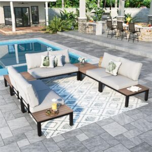 sophia & william 7 pieces outdoor patio furniture set, metal sectional sofa set patio conversation set with cushions-4 x single sofa with side table, 1 x loveseat sofa, 2 x tea table