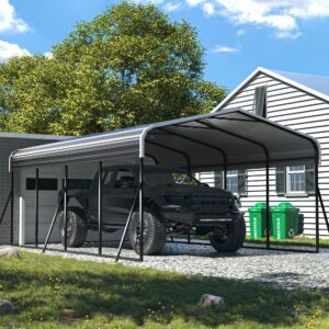 hogyme carport 12x20 ft heavy duty carport canopy with updated frame structure galvanized steel roof and enhanced base, metal carport garage for pickup, boat, car and tractors, grey, gray, hg1348