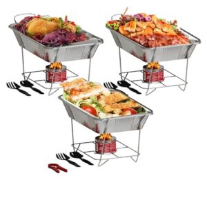 alpha living disposable chafing dish buffet set, food warmers for parties, 6hr fuel cans complete set, half size pans, warming trays (3 pack)