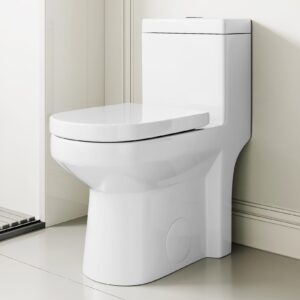 compact one piece toilet for bathroom, space-saving powerful dual flush round small toilet, average 1.28 gpf, skirted toilet with upgraded uf quiet & soft close seat (12" rough-in toilet)