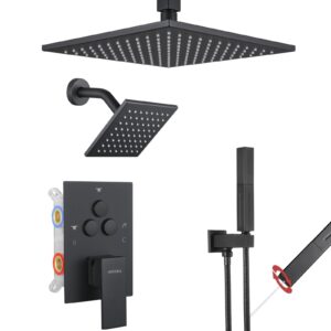 vanfoxle shower faucet set matte black shower system,push button diverter shower faucet with 2 in 1 handheld,ceiling mount 10 inch shower head with 6 inch wall mount shower head