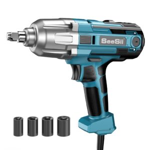 seesii electric impact wrench corded, 368ft-lbs(500n.m) torque 1/2 inch impact gun with 8amp cord, 4 sockets for car tire and home diy, ac500