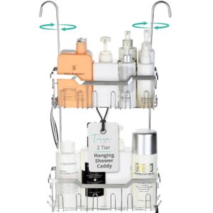 hanging shower caddy over door - 304 rust-proof stainless steel shower hanging caddy with rotatable hooks and adhesives for bathroom essentials, equipped with rotateable hooks and extra adhesives