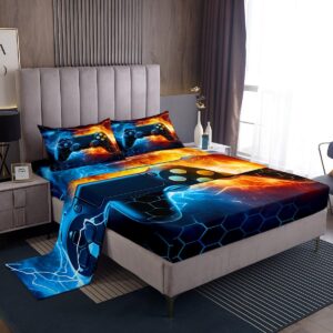 feelyou kids boys blue red gamer bed sheets set full size, honeycomb gaming sheets with deep pocket fitted for lightning gamepad sheet set game room decor bedding set soft bed set 4pcs