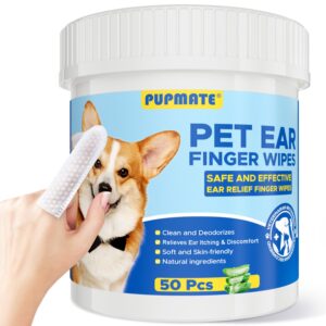 pupmate ear finger wipes for dogs & cats - cleaning earwax & debris - relieves ear itching & discomfort - fresh aloe scent - sooths & repair, natural ingredients-50 count