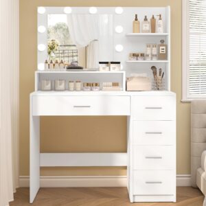 fgntwp makeup vanity desk with mirror, 10 lights, 5 drawers, 3 storage shelves, 3 color modes & adjustable brightness dressing table, 35.4” desk, white