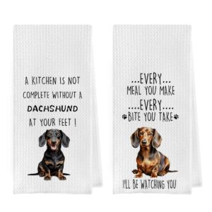 geqtt funny dachshund dish towels set - dachshund gifts waffle weave kitchen towels, dachshund decorative hand tea towels for bathroom kitchen, weiner dog gifts for women (16×24 inches set of 2)