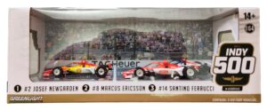 greenlight 11581 2023 indianapolis 500 podium 3-car set #2 josef newgarden, 8 marcus ericsson, 14 santino ferrucci 1:64 scale indy 500 in diorama display box