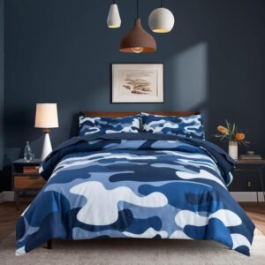 holawakaka twin size camouflage bedding comforter set with sheets, boys girls men camo bed in a bag 5 pieces, kids teens dorm bed sets neutral farmhouse lodge cabin army bedspread (blue, twin)