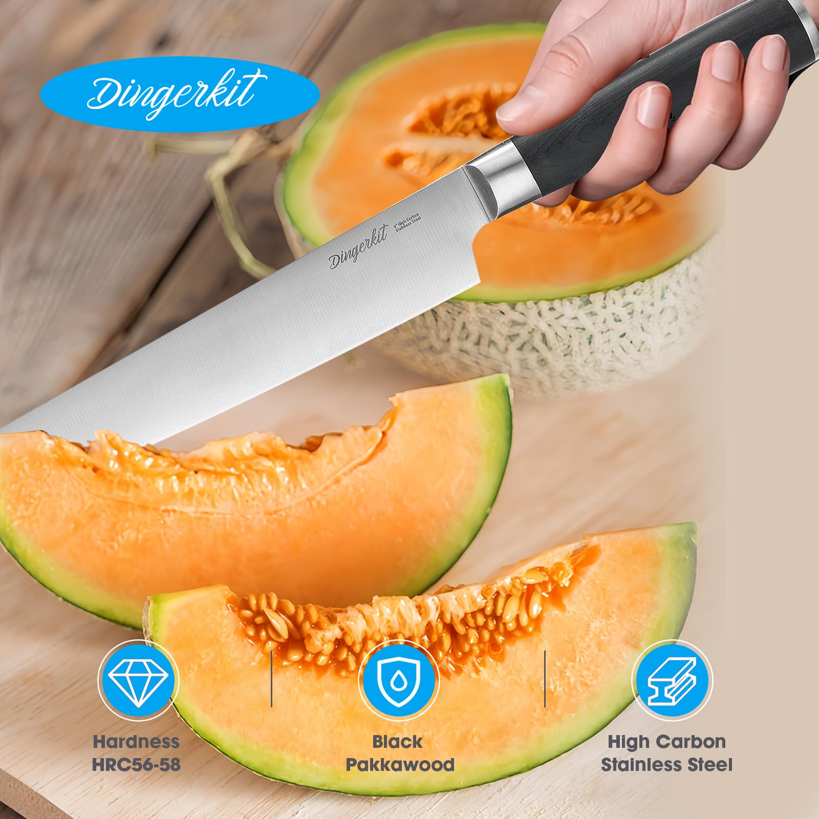 Dingerkit Watermelon Knife, 9" Melon Carving and Slicer Knife for Watermelon Cantaloupe Made of High Carbon Steel with Gift Box and Sheath - Fruit Cutting Knife with Pakkawood Handle.