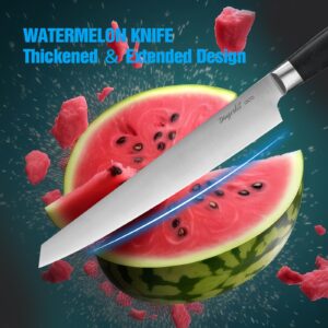 Dingerkit Watermelon Knife, 9" Melon Carving and Slicer Knife for Watermelon Cantaloupe Made of High Carbon Steel with Gift Box and Sheath - Fruit Cutting Knife with Pakkawood Handle.