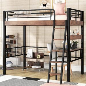 twin loft bed with desk and storage shelf, metal loft bed twin size with wider ladder and full length guardrail, twin size loft bed for kids, teens, twin loft bed black+natural