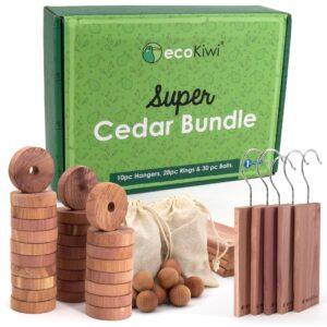 ecokiwi cedar blocks for clothes storage super bundle box - cedar hangers x10, balls x30 & rings x28-100% natural oil planks & chips for closets & drawers - aromatic red cedar wood with sandpaper