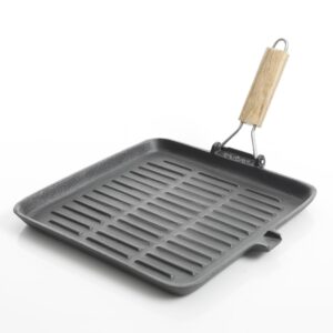 gibson home general store addlestone preseasoned grill pan, with foldable wood handle, cast iron, 11-inches square, 124974.01, black