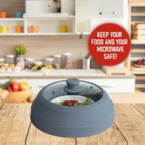 Collapsible Microwave Cover - Large 11.8" Tempered Glass & Silicone Lid, Heat Resistant, Splatter Guard with Easy-Grip Handle - Grey