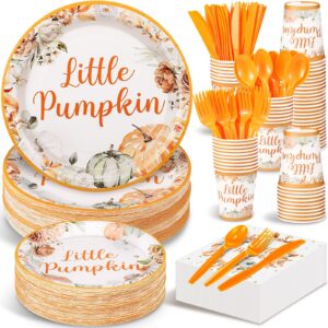 dandat 350 pcs baby shower plates set baby shower party supplies serves 50 tableware sets include plates napkin cup forks knives spoons disposable dinnerware for boy girl(little pumpkin)