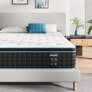 povirt queen mattress 12 inch, pocket spring hybrid queen size mattress in a box, memory foam and innerspring mattress for pressure relief, medium firm feel, 60 * 80 * 12 inch