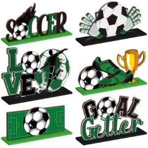 suzile 6 pcs soccer ball table wooden decorations green black table centerpiece sign soccer football theme party detachable tabletop decor photo props for boys kids birthday party supplies