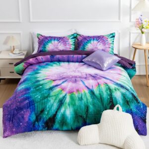 a nice night 6pcs bed in a bag bedding set tie dye galaxy children comforter set, psychedelic swirl pattern colorful boho, boysgirls quilt sets,purple,full