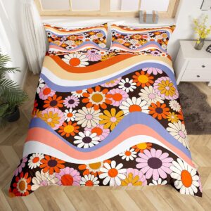 erosebridal boho floral comforter cover for girls, vintage groovy flowers duvet cover king size, 70s 80s retro flower bedding set psychedelic 90s floral quilt cover groovy flower bedroom decor