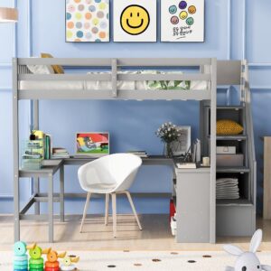 harper & bright designs full loft bed with desk and storage shelves, wood full size loft bed with storage staircase, high loft bed full with slat support for kids, boys,girls,teens, adults, grey