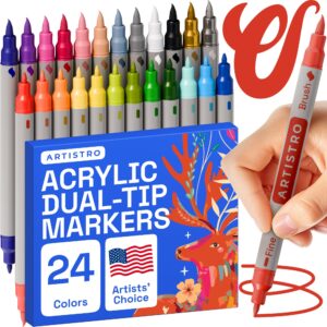 artistro dual tip acrylic paint markers - easy for all ages & levels acrylic paint pens for fabric, rocks, paper, wood, canvas, glass, diy (dual tip brush + fine, 24)