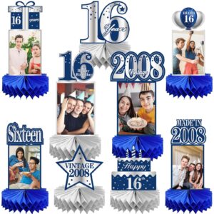 zirtorei 9pcs 16th birthday decorations honeycomb centerpieces for boys, blue silver vintage 2008 photo table centerpieces party supplies, blue sixteen year old bday table topper decor