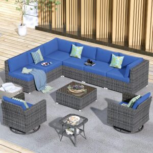 hooowooo 10 piece patio sectional furniture set with swivel rocking chairs,modern wicker outdoor conversation sofa sets,weather resistant modular l shaped outside couch set(navy blue)