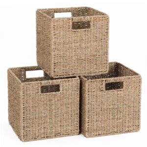 11x11x11in seagrass storage baskets, woven baskets for storage, large cube wicker storage basket for shelves set of 3, wicker storage basket, bedroom, living room