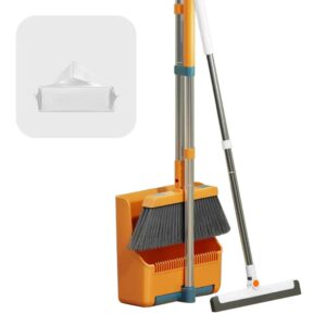 premium broom and dustpan combo set - long handle, 180° rotating, standing storage - built-in comb teeth and claps for dust wipe paper - space-saving design (orange)