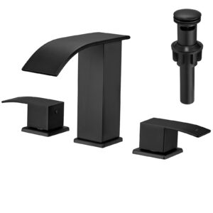 voton waterfall bathroom faucets black, widespread bathroom sink faucet 3 hole with drain assembly, 8 inch modern vanity 2-handles faucet