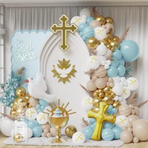 first communion dusty blue balloon garland arch kit, boys god bless confirmation baptism decoration, mist blue gold white balloons with cross dove foil balloon birthday party christening