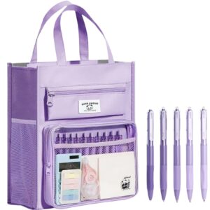 uivxxud portable 8-layer canvas tote bag with large capacity, ideal for tutoring, carrying books, and documents, includes pens and panda stickers (purple)