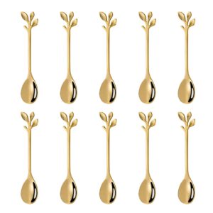 10pcs gold coffee spoons set, 4.72inch leaf mini espresso tea stir spoon for coffee bar charcuterie board, stainless steel small dessert demitasse spoons for sugar,ice cream, cake (heavy)