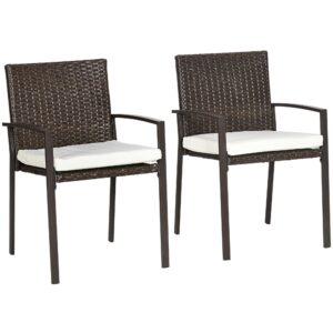 outsunny 2 piece pe rattan outdoor dining chairs with cushion, patio wicker dining chair set with backrest, armrests for patio, deck, garden, cream white