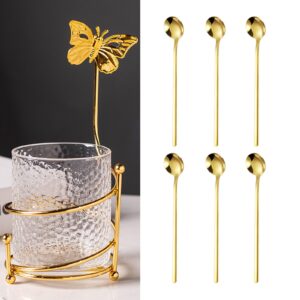 inpropext 6pcs coffee spoons with glass holder, small stainless steel gold round dessert spoons, mini tea spoons set for fruit, stirring, mixing, sugar, ice cream, cake