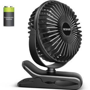 beskar portable clip on fan rechargeable, 4 speeds small battery operated fan, usb desk fan with strong airflow, sturdy clamp for golf cart office outdoor travel camping