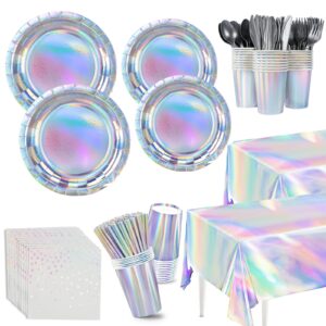 202pcs iridescent party plates nanpkins birthday party supplies iridescent paper tableware set witch disposable tablecloths for mermaid birthday wedding party decorations serve 25