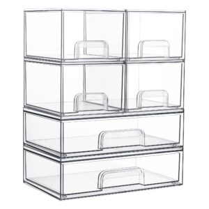 vtopmart stackable storage drawers set of 6, clear plastic organizer bins for bathroom supplies,ideal for cabinet,pantry,laundry room organization